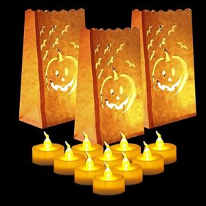 homemory 24 halloween luminary bags & 24 led tea lights, long lasting battery included, ideal for various decor