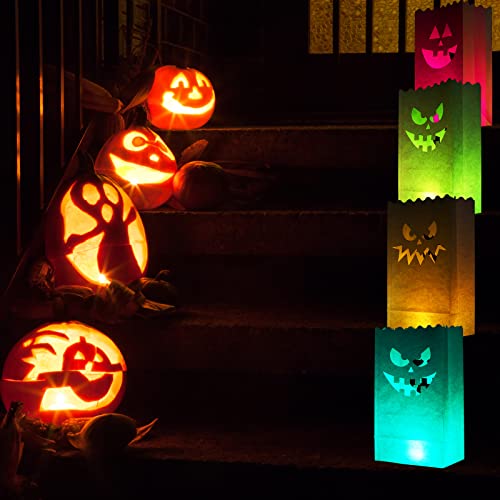 Fainne 24 Pcs Halloween Pumpkin Silhouette Luminary Paper Bags Jack O Lantern Bags Flame Resistant Candle Bag Halloween Candle Holder Bag with 24 Colorful LED Light Pumpkin Tealight for Halloween