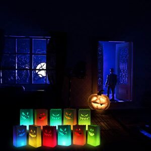 Fainne 24 Pcs Halloween Pumpkin Silhouette Luminary Paper Bags Jack O Lantern Bags Flame Resistant Candle Bag Halloween Candle Holder Bag with 24 Colorful LED Light Pumpkin Tealight for Halloween