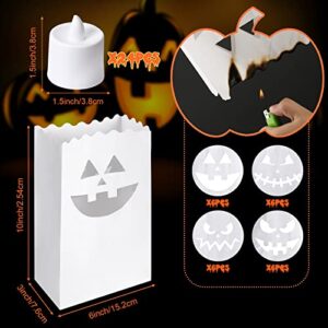 Fainne 24 Pcs Halloween Pumpkin Silhouette Luminary Paper Bags Jack O Lantern Bags Flame Resistant Candle Bag Halloween Candle Holder Bag with 24 Colorful LED Light Pumpkin Tealight for Halloween