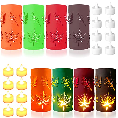 16 Set Fall Thanksgiving 3D Round Paper Lantern Led Luminary with Beautiful Lifted Leaf Cut-Out Design for Fall and Thanksgiving Decor or Table Centerpiece