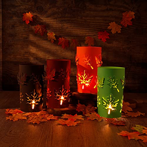 16 Set Fall Thanksgiving 3D Round Paper Lantern Led Luminary with Beautiful Lifted Leaf Cut-Out Design for Fall and Thanksgiving Decor or Table Centerpiece