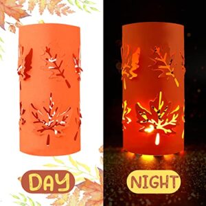 16 Set Fall Thanksgiving 3D Round Paper Lantern Led Luminary with Beautiful Lifted Leaf Cut-Out Design for Fall and Thanksgiving Decor or Table Centerpiece