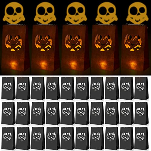 Halloween Luminary Bags Halloween Paper Candle Bags Skull Tea Light Bags Flame Resistant Halloween Candle Holder Bags for Halloween Wedding Party Decorations (60)