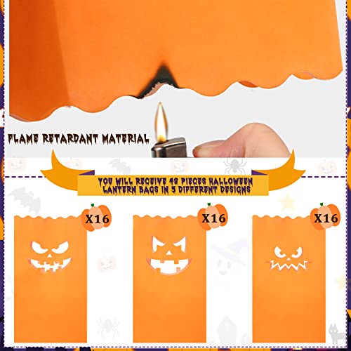 Halloween Luminary Bags Pumpkin Flame Resistant Candle Bag Paper Jack-o'-Lantern Lantern Bags with 3 Silhouettes for Home Garden Wedding Birthday Halloween Theme Party Decoration Supplies (48 Pack)