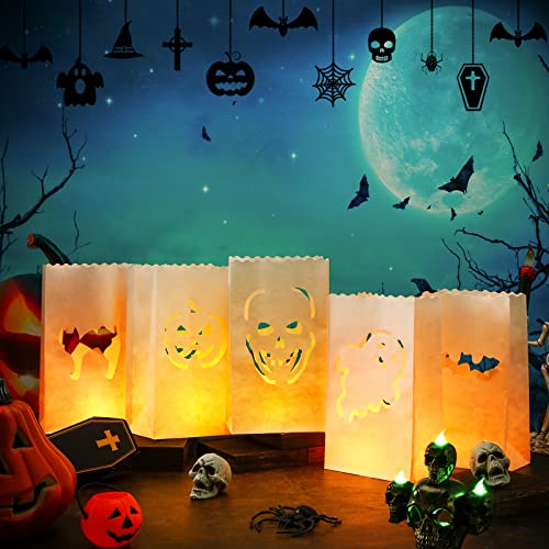 50 Pcs Halloween Luminary Silhouette Bags Paper Bags Flame Resistant Jack O Lantern Bag Candle Bags with 5 Designs for Tea Lights and Candles Outdoor Party Home Decoration, 10.24 x 5.91 x 3.54 Inches