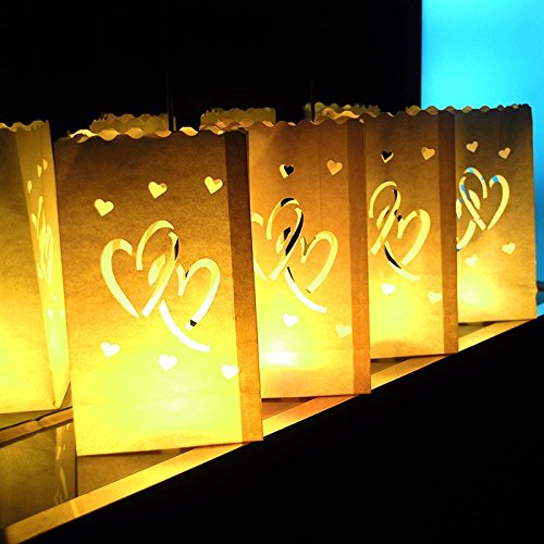 Joinwin Pack of 30 New White Luminary Bags - Interlocking Hearts Design - Wedding, Reception, Party and Event Decor - Flame Resistant Paper - Luminaria