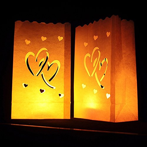 Joinwin Pack of 30 New White Luminary Bags - Interlocking Hearts Design - Wedding, Reception, Party and Event Decor - Flame Resistant Paper - Luminaria