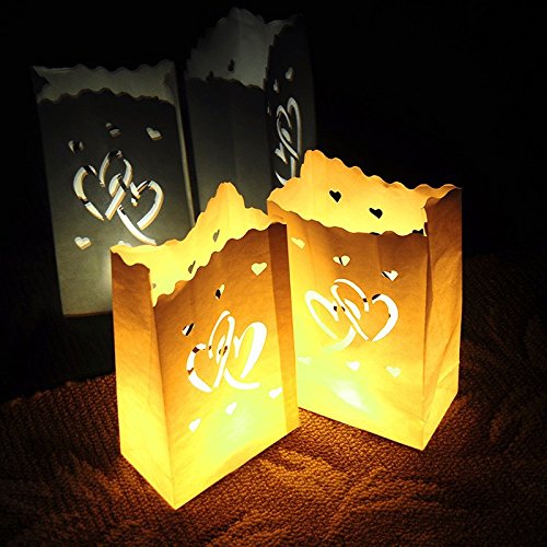 Joinwin Pack of 30 New White Luminary Bags - Interlocking Hearts Design - Wedding, Reception, Party and Event Decor - Flame Resistant Paper - Luminaria