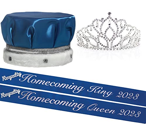 Anderson's Blue/Silver Homecoming King/Queen Coronation Set, Sashes With Foil Imprints, Crown, Tiara, Pins