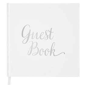 wedding guest book silver guestbook – blank no lines – memory signature message book – birthday engagement party – white paper ribbon & foil stamping – thick paper 32 page/64 side square