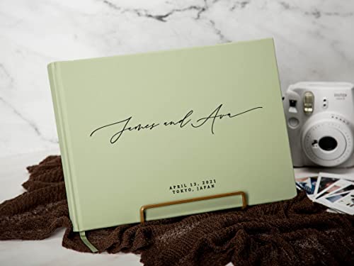 MUUJEE Personalized Guestbook in Sage - Premium Custom Modern Guest Book for Wedding Reception, Birthday Party or Events w/Bookmark Blank Pages for Signing 11.5 x 8.5 inches