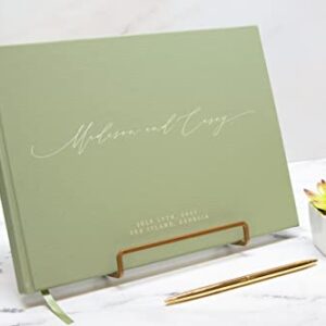 MUUJEE Personalized Guestbook in Sage - Premium Custom Modern Guest Book for Wedding Reception, Birthday Party or Events w/Bookmark Blank Pages for Signing 11.5 x 8.5 inches