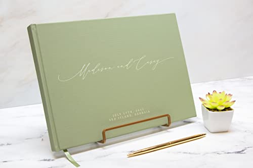 MUUJEE Personalized Guestbook in Sage - Premium Custom Modern Guest Book for Wedding Reception, Birthday Party or Events w/Bookmark Blank Pages for Signing 11.5 x 8.5 inches