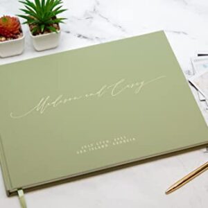 MUUJEE Personalized Guestbook in Sage - Premium Custom Modern Guest Book for Wedding Reception, Birthday Party or Events w/Bookmark Blank Pages for Signing 11.5 x 8.5 inches