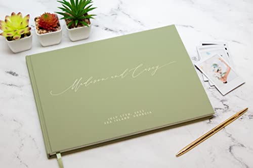 MUUJEE Personalized Guestbook in Sage - Premium Custom Modern Guest Book for Wedding Reception, Birthday Party or Events w/Bookmark Blank Pages for Signing 11.5 x 8.5 inches