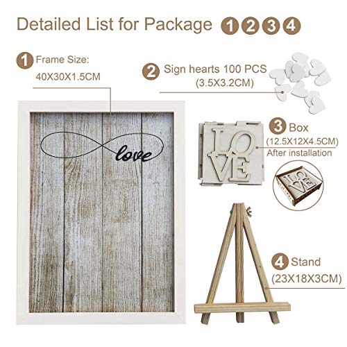 Wedding Guest Book , Y&K Homish Wooden Picture Frame , Drop Top Frame Sign Book with 100PCS Wooden Hearts, Rustic Wedding Decorations and The Wedding Gift (White Wooden Frame + Unlimited Love)