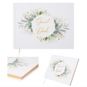 Avamie Wedding Guest Book, 120 Lined Pages Guest Sign-in Book Guest Registry Guestbook Planner, White Cover With Gold Foil and Greenery Design, Gold Gilded Edges and Gold Ribbon, 7x9 inches, Hardbound