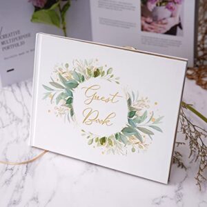 Avamie Wedding Guest Book, 120 Lined Pages Guest Sign-in Book Guest Registry Guestbook Planner, White Cover With Gold Foil and Greenery Design, Gold Gilded Edges and Gold Ribbon, 7x9 inches, Hardbound