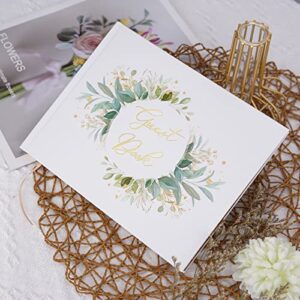 Avamie Wedding Guest Book, 120 Lined Pages Guest Sign-in Book Guest Registry Guestbook Planner, White Cover With Gold Foil and Greenery Design, Gold Gilded Edges and Gold Ribbon, 7x9 inches, Hardbound