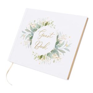 Avamie Wedding Guest Book, 120 Lined Pages Guest Sign-in Book Guest Registry Guestbook Planner, White Cover With Gold Foil and Greenery Design, Gold Gilded Edges and Gold Ribbon, 7x9 inches, Hardbound