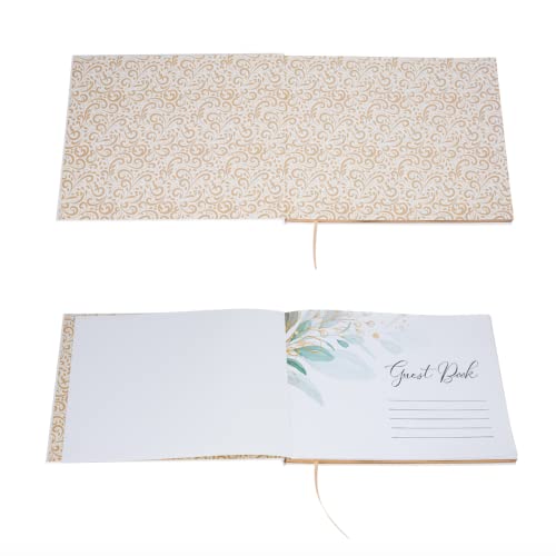 Avamie Wedding Guest Book, 120 Lined Pages Guest Sign-in Book Guest Registry Guestbook Planner, White Cover With Gold Foil and Greenery Design, Gold Gilded Edges and Gold Ribbon, 7x9 inches, Hardbound