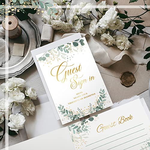 Wedding Guest Book Set Wedding Memory Book Lined Wedding Registry Guestbook with Gold Pen and Holder, Guest Sign in Table Card, Hard Cover with Gold Foil, for Baby Bridal Shower,7x9inch (Eucalyptus)