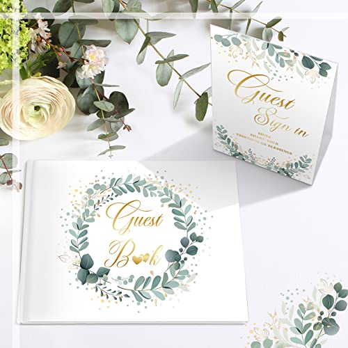 Wedding Guest Book Set Wedding Memory Book Lined Wedding Registry Guestbook with Gold Pen and Holder, Guest Sign in Table Card, Hard Cover with Gold Foil, for Baby Bridal Shower,7x9inch (Eucalyptus)