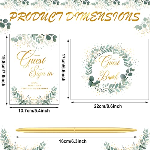 Wedding Guest Book Set Wedding Memory Book Lined Wedding Registry Guestbook with Gold Pen and Holder, Guest Sign in Table Card, Hard Cover with Gold Foil, for Baby Bridal Shower,7x9inch (Eucalyptus)