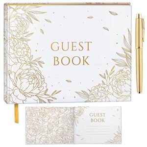 gold floral wedding guest book, wedding guestbook with pen, guest book wedding gold hot foil stamping, bridal shower guest book gold paper edge, wedding guestbook alternative, guestbook wedding