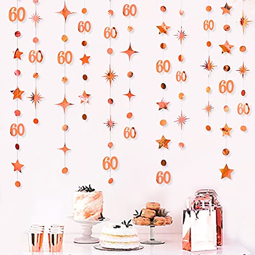 Rose Gold 60th Birthday Decorations Number 60 Circle Dot Twinkle Star Garland Metallic Hanging Streamer Bunting Banner Backdrop for 60 Year Old Happy Birthday 60th Anniversary Sixty Party Supplies