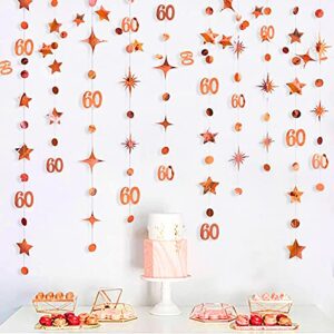 Rose Gold 60th Birthday Decorations Number 60 Circle Dot Twinkle Star Garland Metallic Hanging Streamer Bunting Banner Backdrop for 60 Year Old Happy Birthday 60th Anniversary Sixty Party Supplies