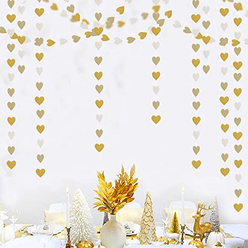 White-Gold Champagne Party-Decorations Heart Streamers Garland - 52Ft Christmas Wedding Engagement Hanging Paper Banner,Bachelorette Neutral Baby Bridal Shower Decor Banners Lasting Surprise