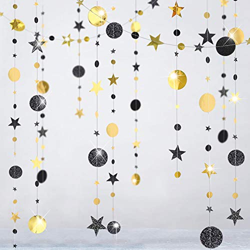 Black Gold Party Decorations Moon Star Garland Hanging Stars Circle Streamer Banner Backdrop Decor for Ramadan Wedding Birthday Bachelorette Bridal Shower New Year EID Graduation Party Supplies