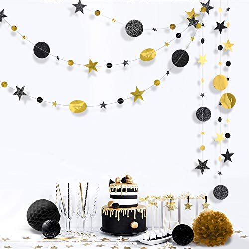 Black Gold Party Decorations Moon Star Garland Hanging Stars Circle Streamer Banner Backdrop Decor for Ramadan Wedding Birthday Bachelorette Bridal Shower New Year EID Graduation Party Supplies