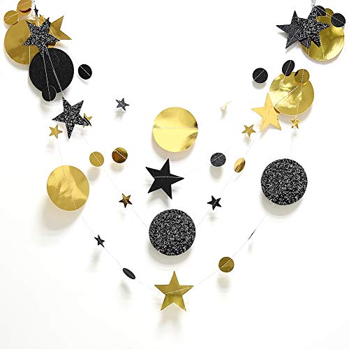 Black Gold Party Decorations Moon Star Garland Hanging Stars Circle Streamer Banner Backdrop Decor for Ramadan Wedding Birthday Bachelorette Bridal Shower New Year EID Graduation Party Supplies