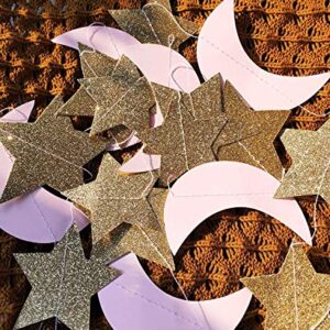 Moon and Stars Garland 2PCS Glitter Gold Twinkle Stars Pink Crescent Paper Garlands Hanging Decorations Girl Birthday Party Decorations Girl Baby Shower Decorations Pink Gold Nursery Room Decorations