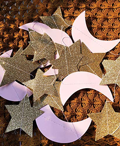 Moon and Stars Garland 2PCS Glitter Gold Twinkle Stars Pink Crescent Paper Garlands Hanging Decorations Girl Birthday Party Decorations Girl Baby Shower Decorations Pink Gold Nursery Room Decorations