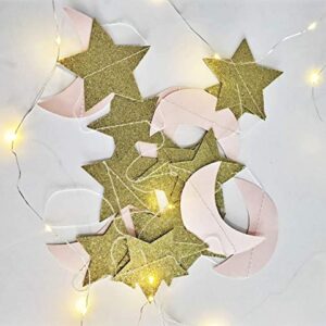 Moon and Stars Garland 2PCS Glitter Gold Twinkle Stars Pink Crescent Paper Garlands Hanging Decorations Girl Birthday Party Decorations Girl Baby Shower Decorations Pink Gold Nursery Room Decorations