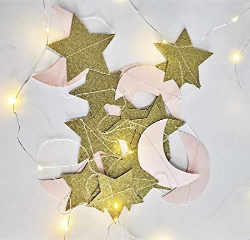 Moon and Stars Garland 2PCS Glitter Gold Twinkle Stars Pink Crescent Paper Garlands Hanging Decorations Girl Birthday Party Decorations Girl Baby Shower Decorations Pink Gold Nursery Room Decorations