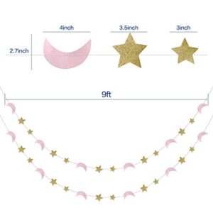 Moon and Stars Garland 2PCS Glitter Gold Twinkle Stars Pink Crescent Paper Garlands Hanging Decorations Girl Birthday Party Decorations Girl Baby Shower Decorations Pink Gold Nursery Room Decorations