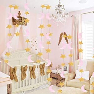 Moon and Stars Garland 2PCS Glitter Gold Twinkle Stars Pink Crescent Paper Garlands Hanging Decorations Girl Birthday Party Decorations Girl Baby Shower Decorations Pink Gold Nursery Room Decorations