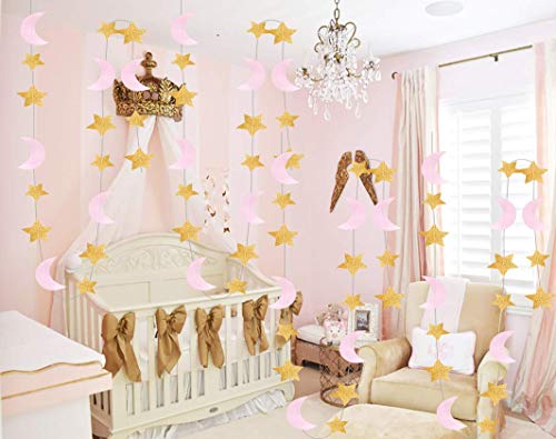 Moon and Stars Garland 2PCS Glitter Gold Twinkle Stars Pink Crescent Paper Garlands Hanging Decorations Girl Birthday Party Decorations Girl Baby Shower Decorations Pink Gold Nursery Room Decorations