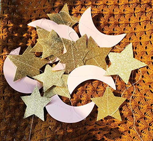 Moon and Stars Garland 2PCS Glitter Gold Twinkle Stars Pink Crescent Paper Garlands Hanging Decorations Girl Birthday Party Decorations Girl Baby Shower Decorations Pink Gold Nursery Room Decorations