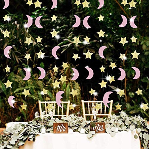 Moon and Stars Garland 2PCS Glitter Gold Twinkle Stars Pink Crescent Paper Garlands Hanging Decorations Girl Birthday Party Decorations Girl Baby Shower Decorations Pink Gold Nursery Room Decorations