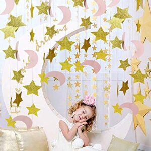 Moon and Stars Garland 2PCS Glitter Gold Twinkle Stars Pink Crescent Paper Garlands Hanging Decorations Girl Birthday Party Decorations Girl Baby Shower Decorations Pink Gold Nursery Room Decorations