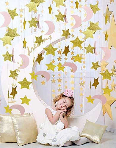 Moon and Stars Garland 2PCS Glitter Gold Twinkle Stars Pink Crescent Paper Garlands Hanging Decorations Girl Birthday Party Decorations Girl Baby Shower Decorations Pink Gold Nursery Room Decorations