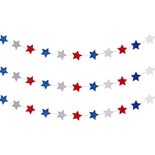 Frienda Red White Blue Star Streamers Patriotic 4th of July Decorations Sparkling Star Garland Hanging Decorations, 3 Pack