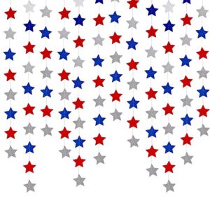 Frienda Red White Blue Star Streamers Patriotic 4th of July Decorations Sparkling Star Garland Hanging Decorations, 3 Pack