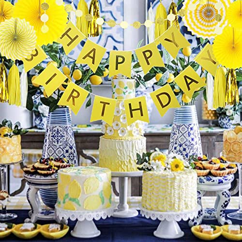 Yellow Birthday Party Decoration - 6 Hanging Fans & Birthday Banner & Decorative Circle Dot Garland & 12 Paper Tassels for Birthday Party, Baby Shower, Wedding etc.